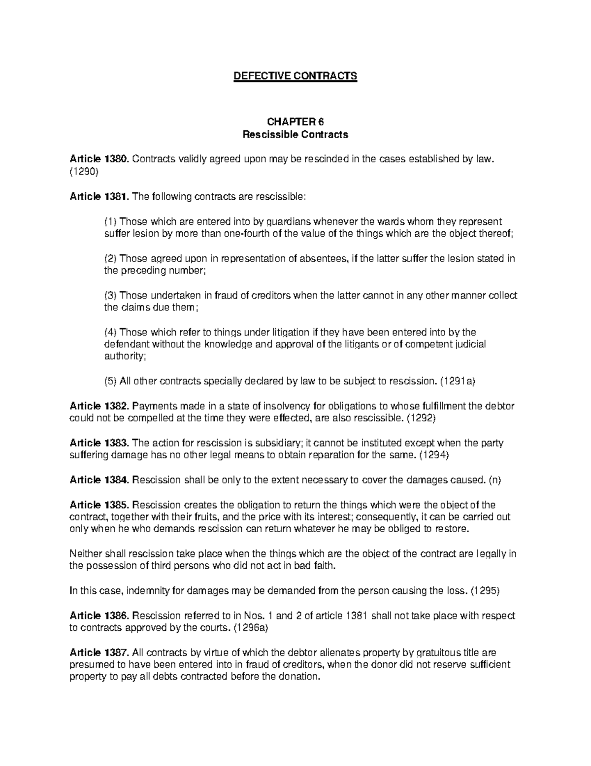Provisions on Defective Contracts - DEFECTIVE CONTRACTS Rescissible ...