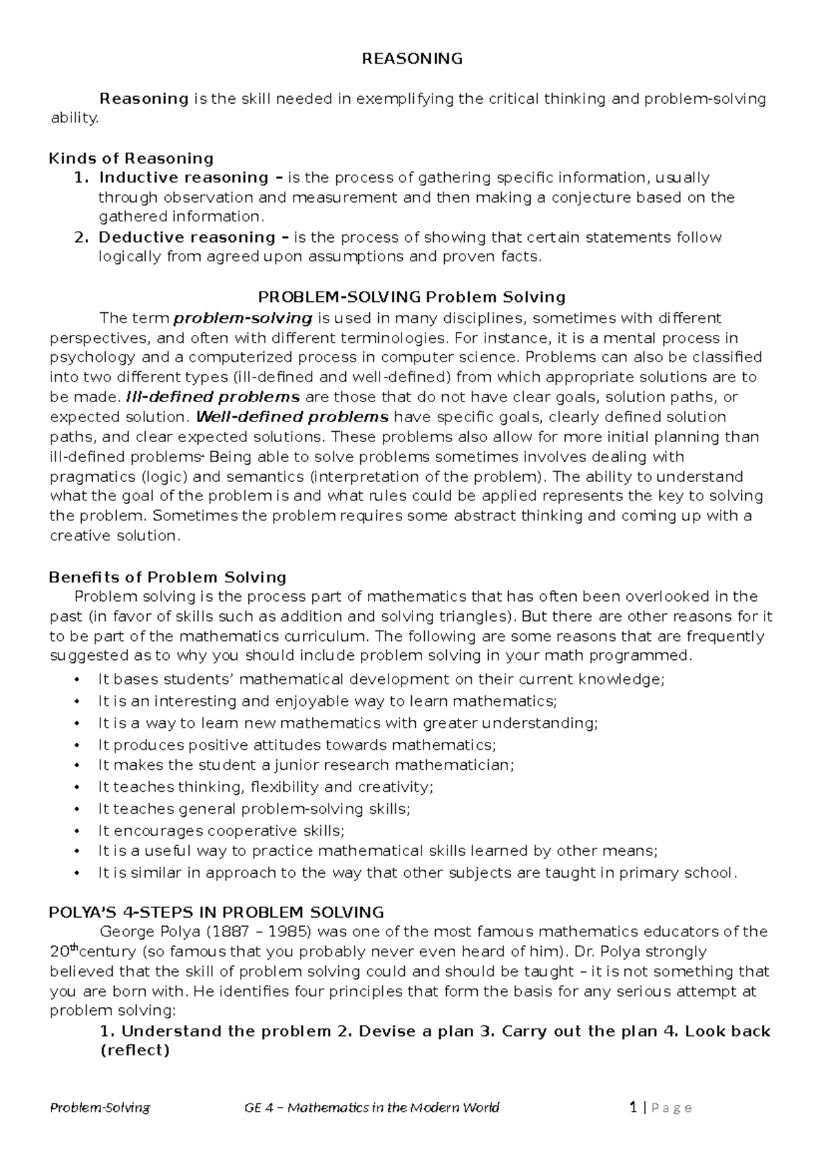 Polya's 4-step in problem-solving - REASONING Reasoning is the skill needed in exemplifying the ...