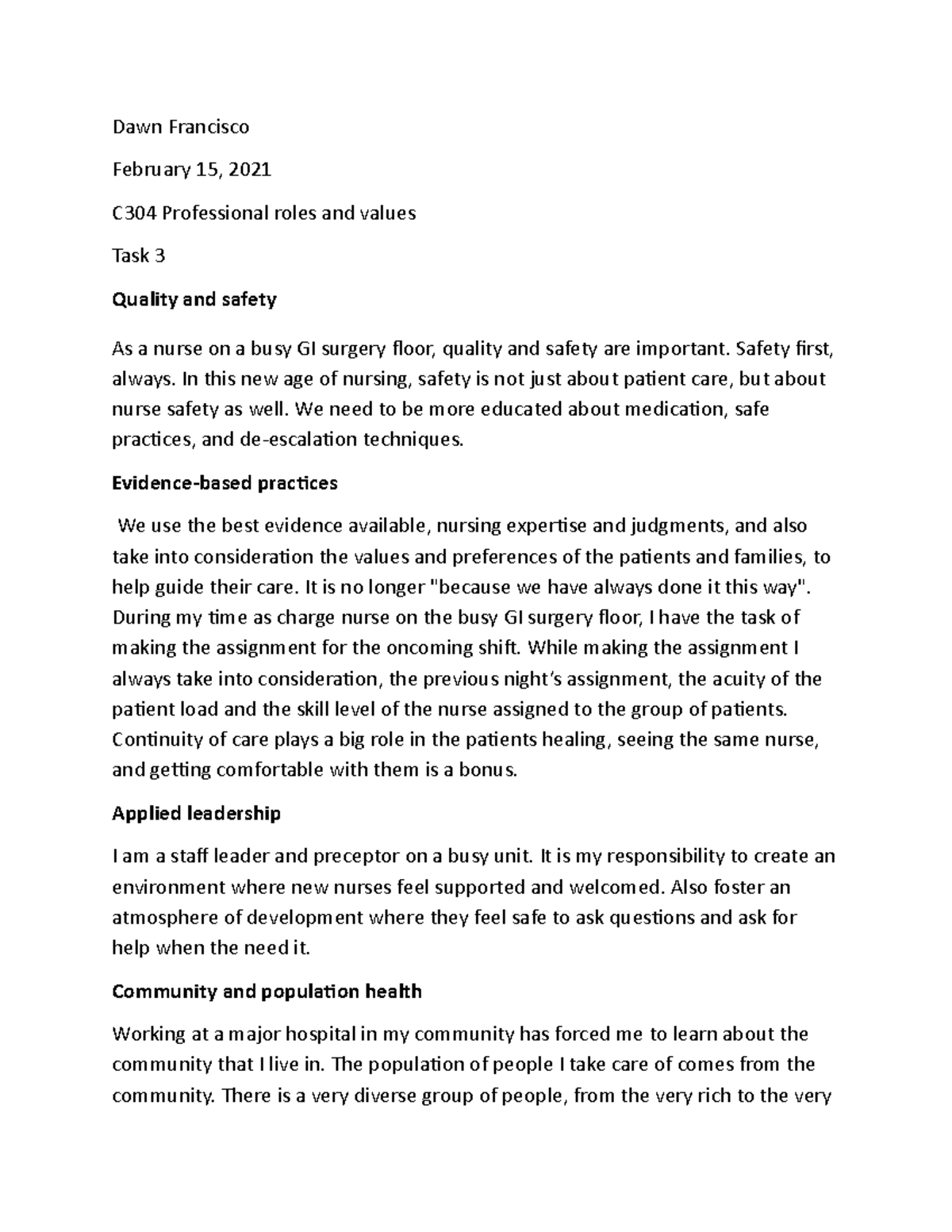 C304 Professional roles and values task 3 - Dawn Francisco February 15 ...