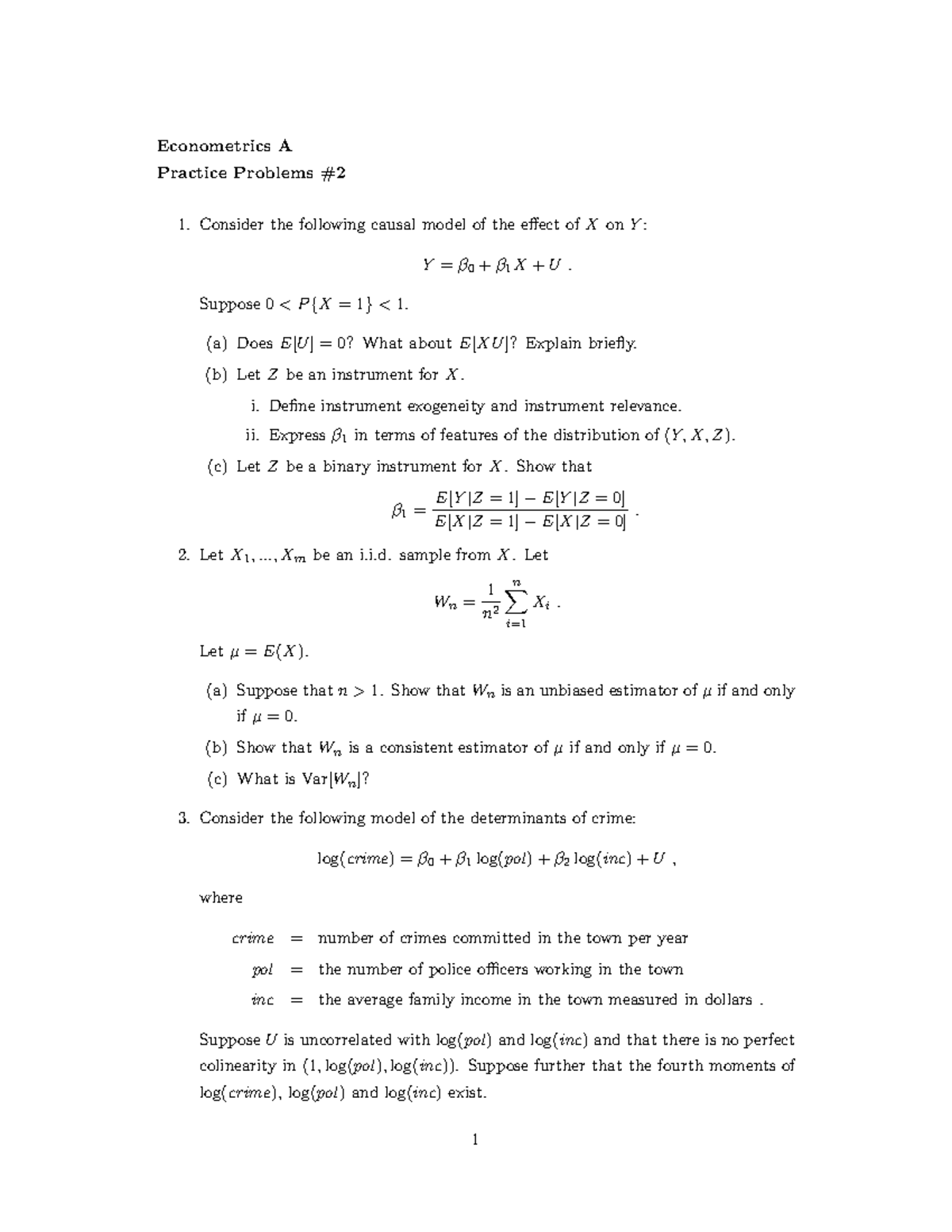 Practice problems 2 - Nice - Econometrics A Practice Problems ...