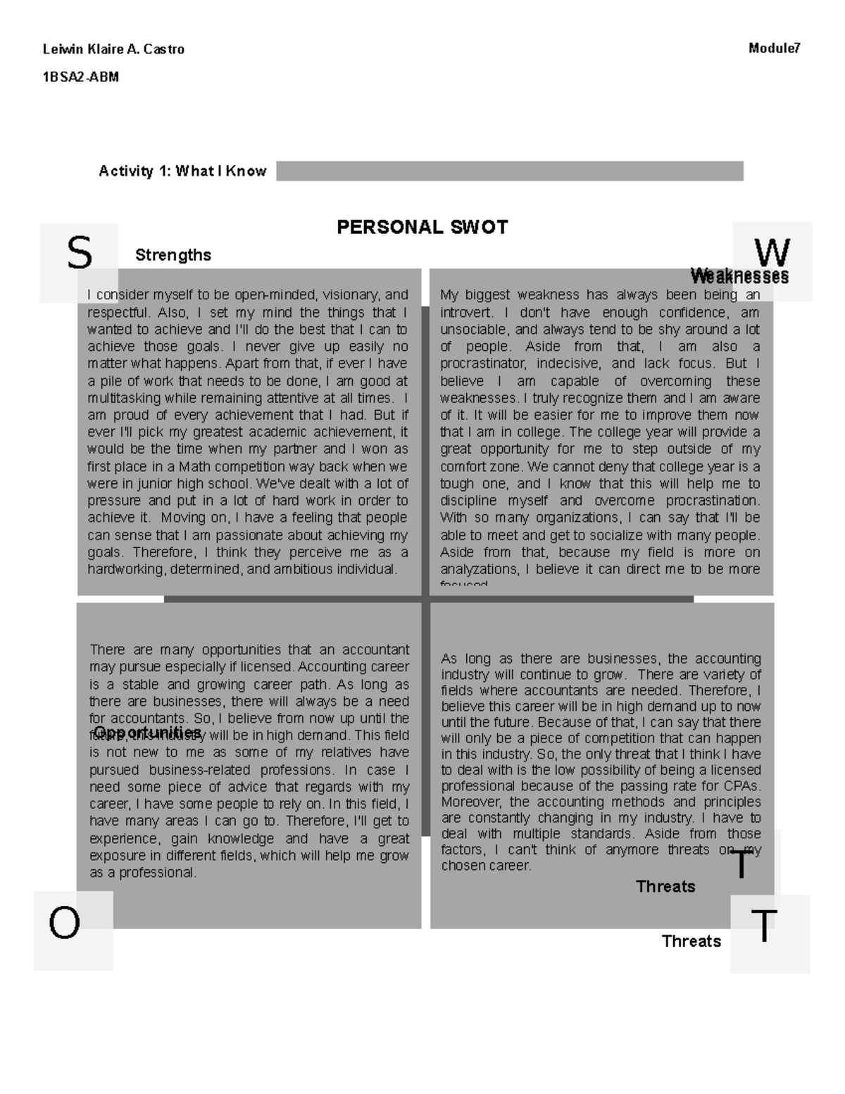 Activity 1 - CE3 ASSIGNMENT - Activity 1: What I Know PERSONAL SWOT As ...