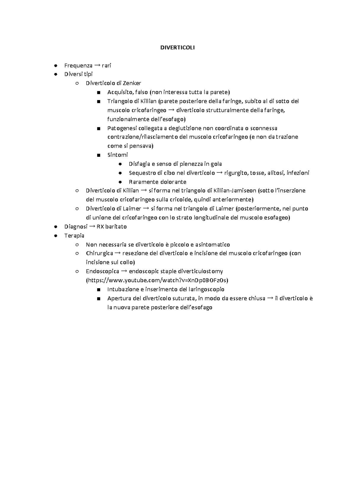 01. Esofago - DIVERTICOLI Frequenza → rari Diversi tipi Diverticolo di ...