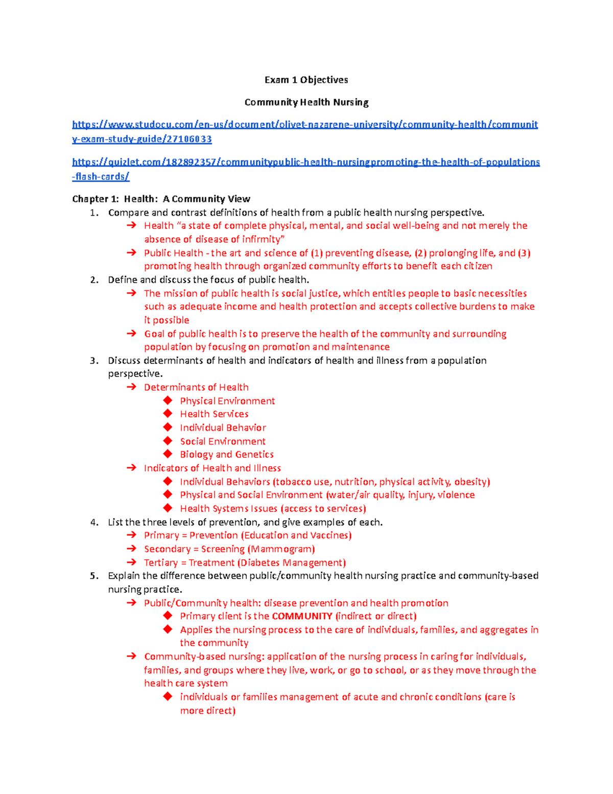 Community Health Exam 1 Objectives - Exam 1 Objectives Community Health ...