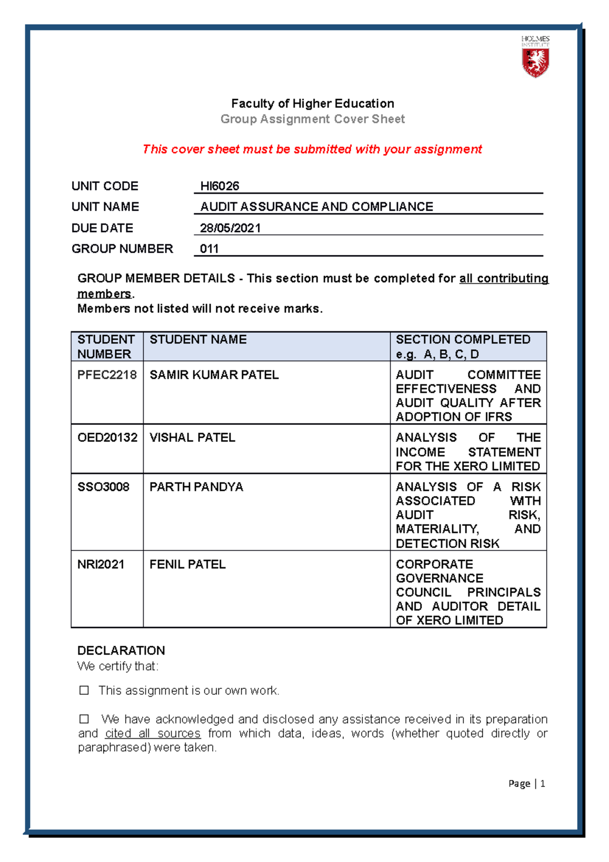 HI6026 - audit assurance and compliance - group assignment.edited - Faculty of Higher Education ...