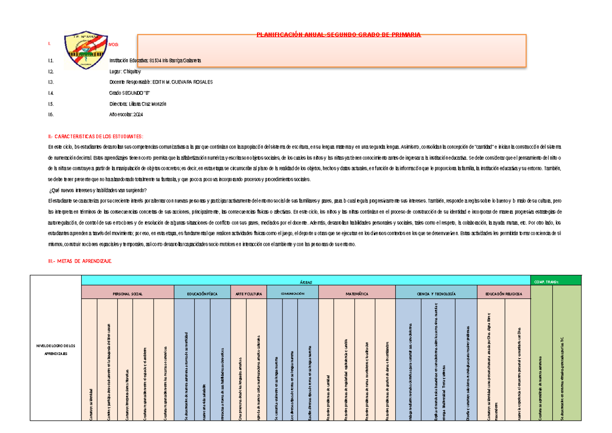 Planificacion Curricular -2° Grado B-2024 - PLANIFICACIÓN ANUAL-SEGUNDO ...