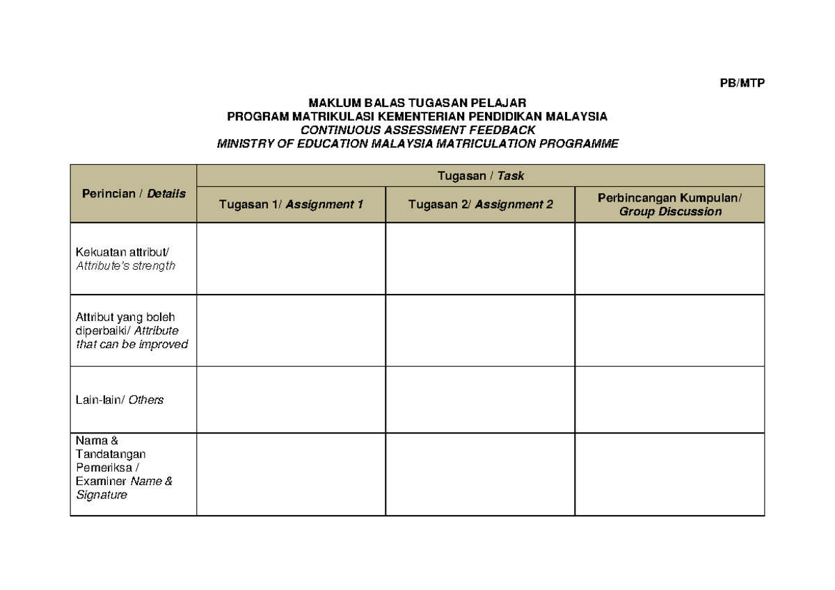 Pbmtp dan Pbptp - PB/MTP MAKLUM BALAS TUGASAN PELAJAR PROGRAM MATRIKULASI KEMENTERIAN PENDIDIKAN ...