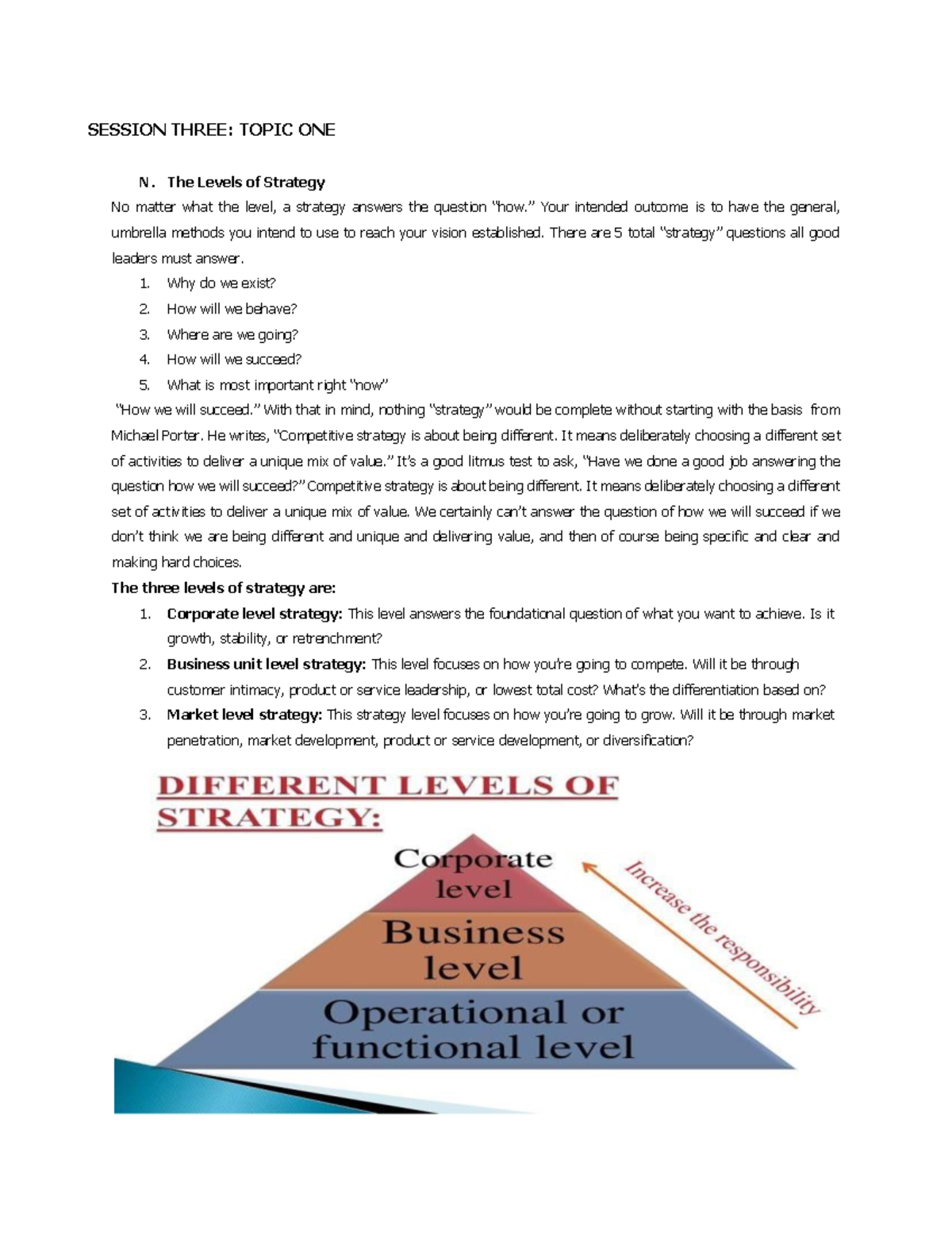 Session Three level of stategy - SESSION THREE: TOPIC ONE N. The Levels ...