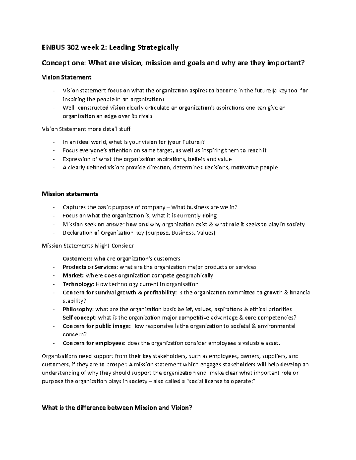 Enbus 302 week 2 notes - ENBUS 302 week 2: Leading Strategically ...