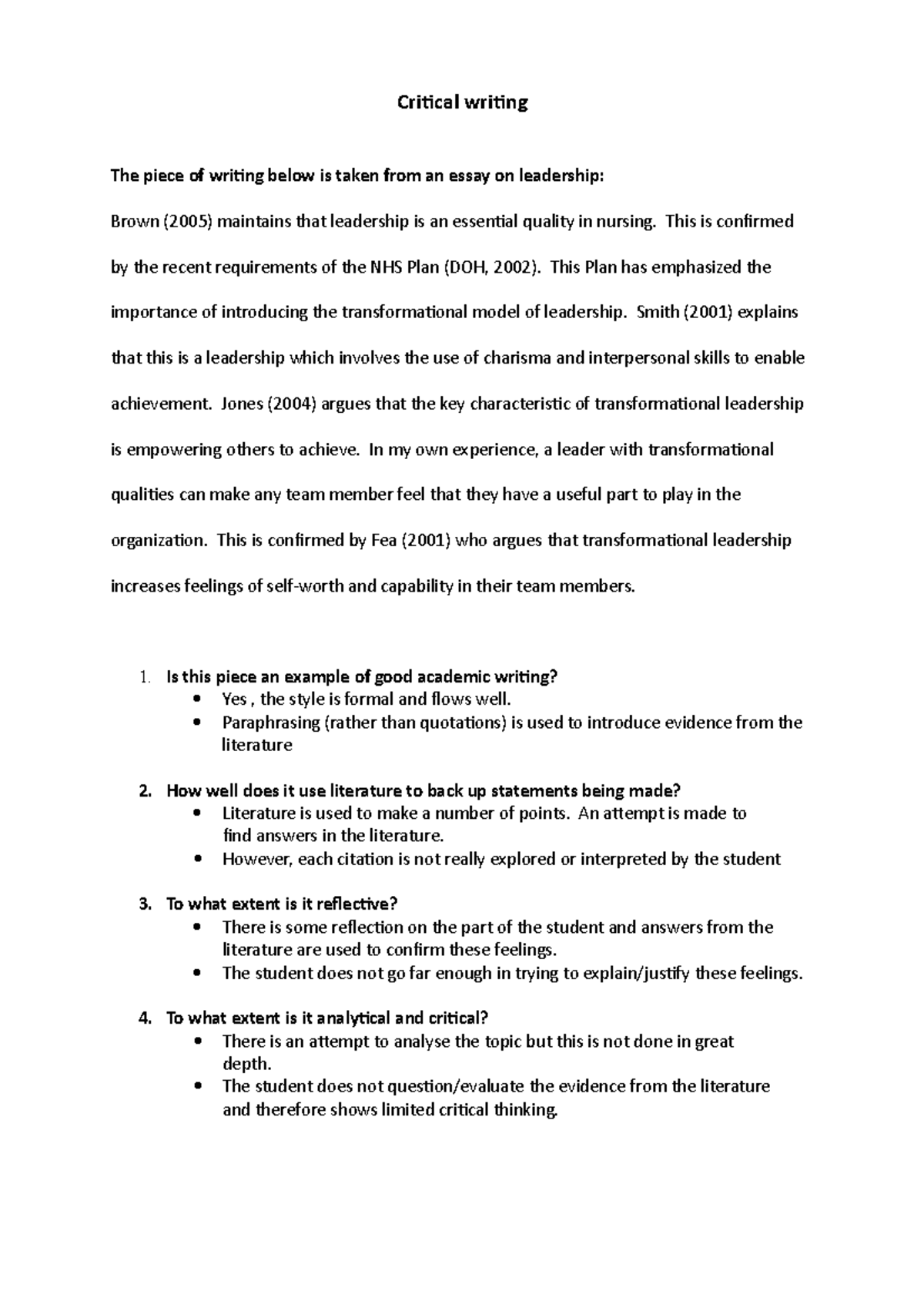 Critical Writing Examples - Critical writing The piece of writing below ...