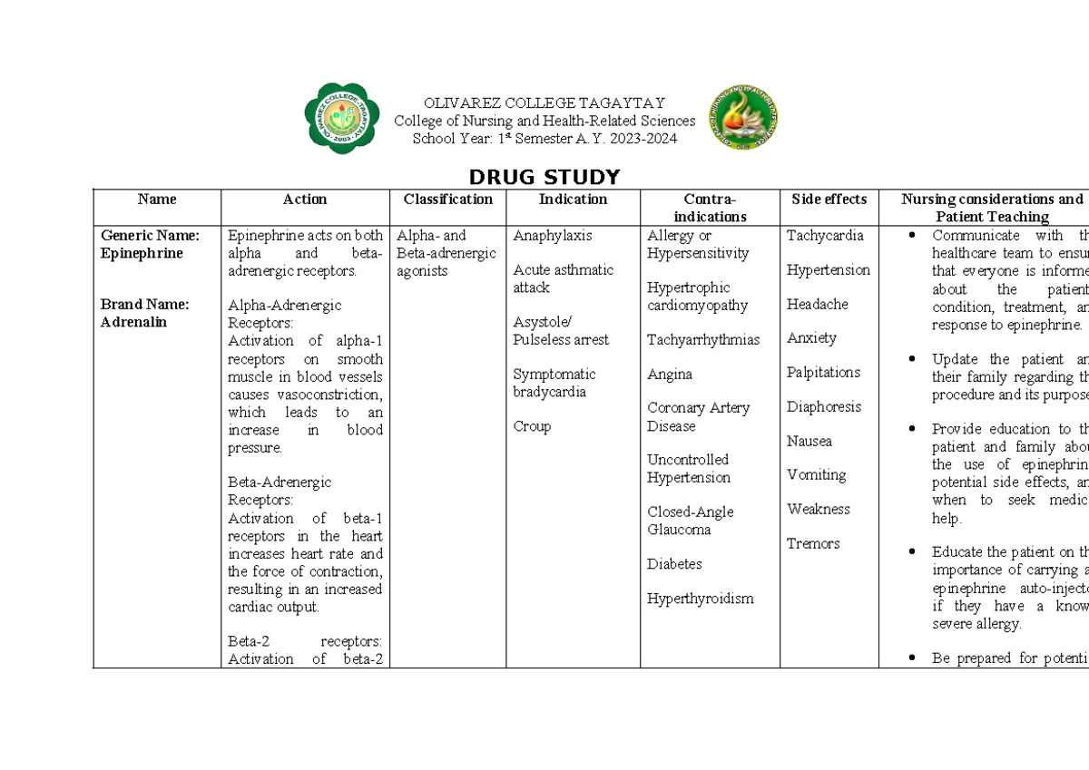Epinephrine drug study - OLIVAREZ COLLEGE TAGAYTAY College of Nursing ...