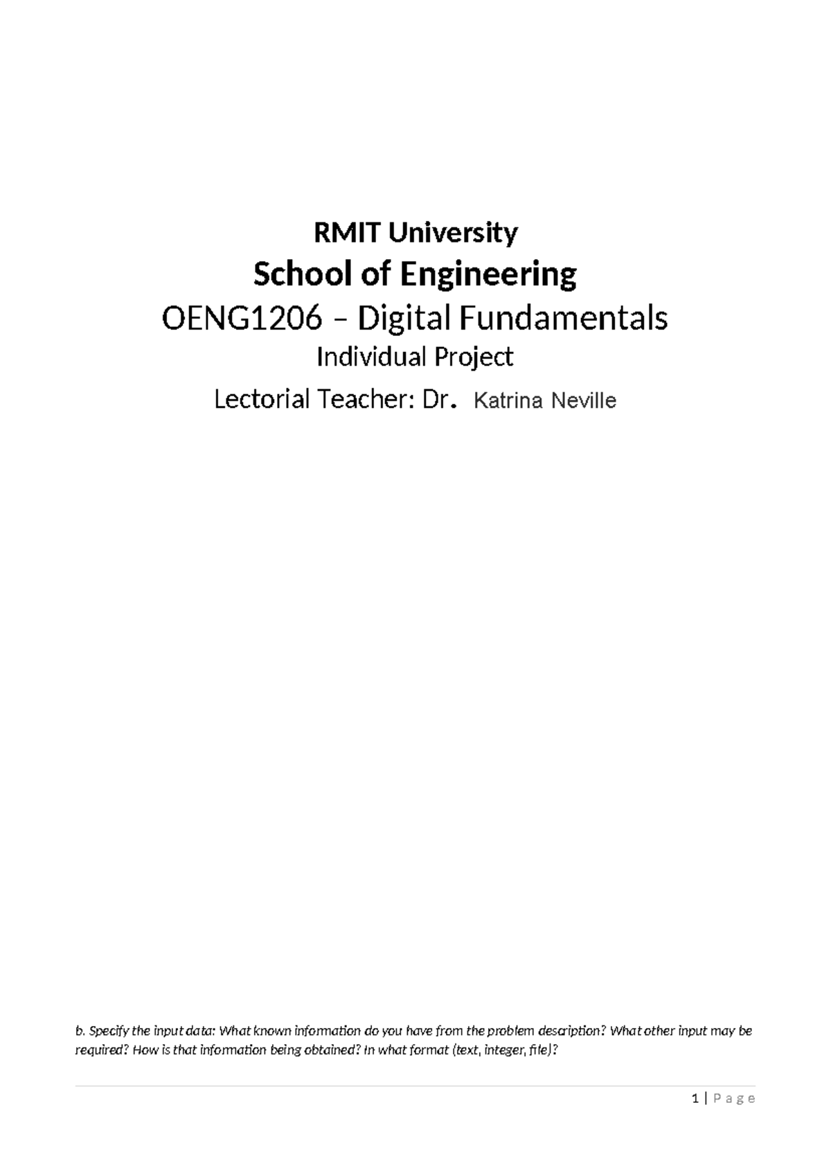 Group Project 1 - RMIT University School of Engineering OENG1206 – Digital Fundamentals ...