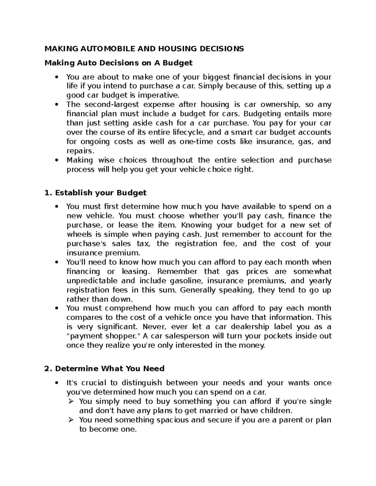 Making Automobile AND Housing Decisions - MAKING AUTOMOBILE AND HOUSING ...