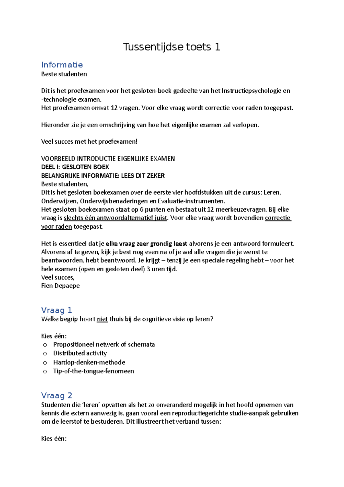 Tussentijdse toets 1 - Het proefexamen omvat 12 vragen. Voor elke vraag ...