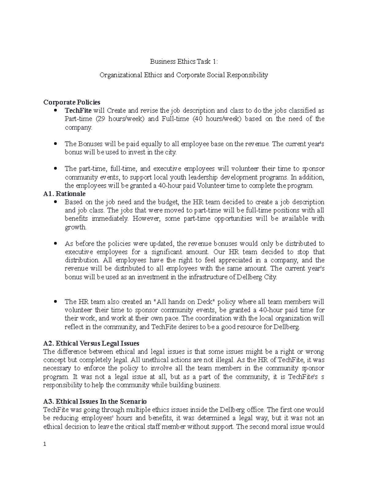 C717 - Task 1 Grade Pass - Business Ethics Task 1: Organizational ...