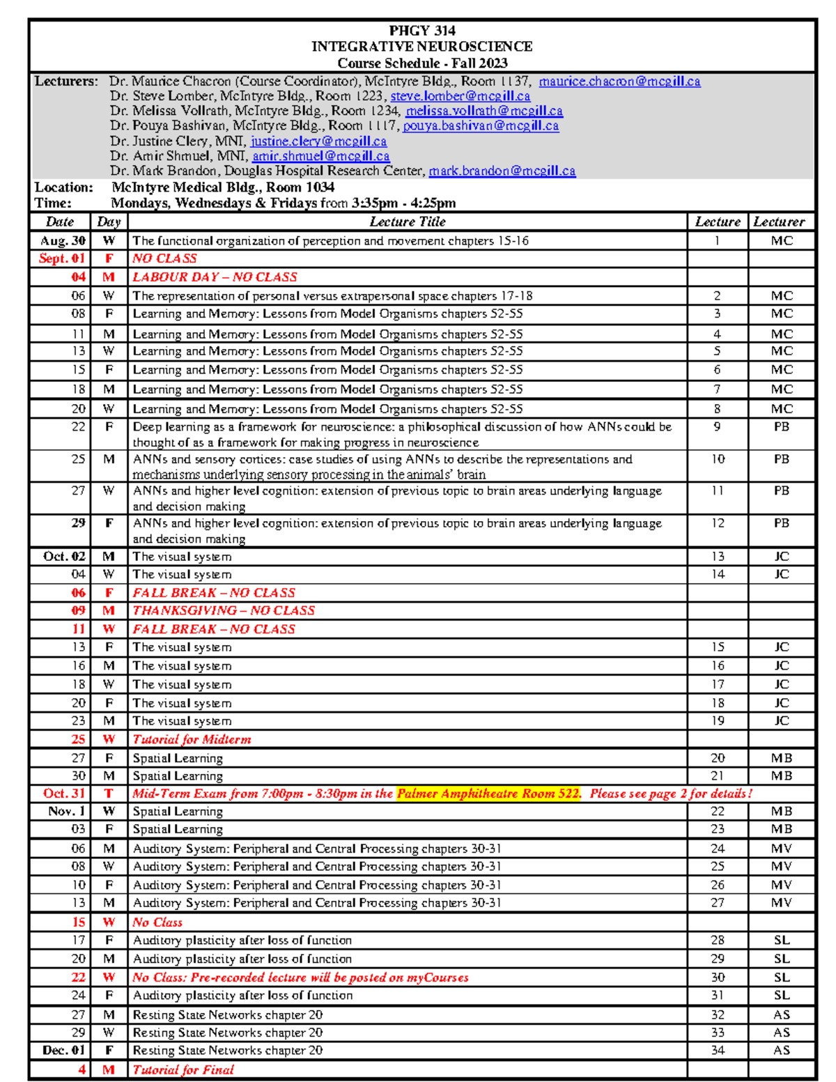 PHGY 314 Fall 2023 Revised - PHGY 314 INTEGRATIVE NEUROSCIENCE Course ...