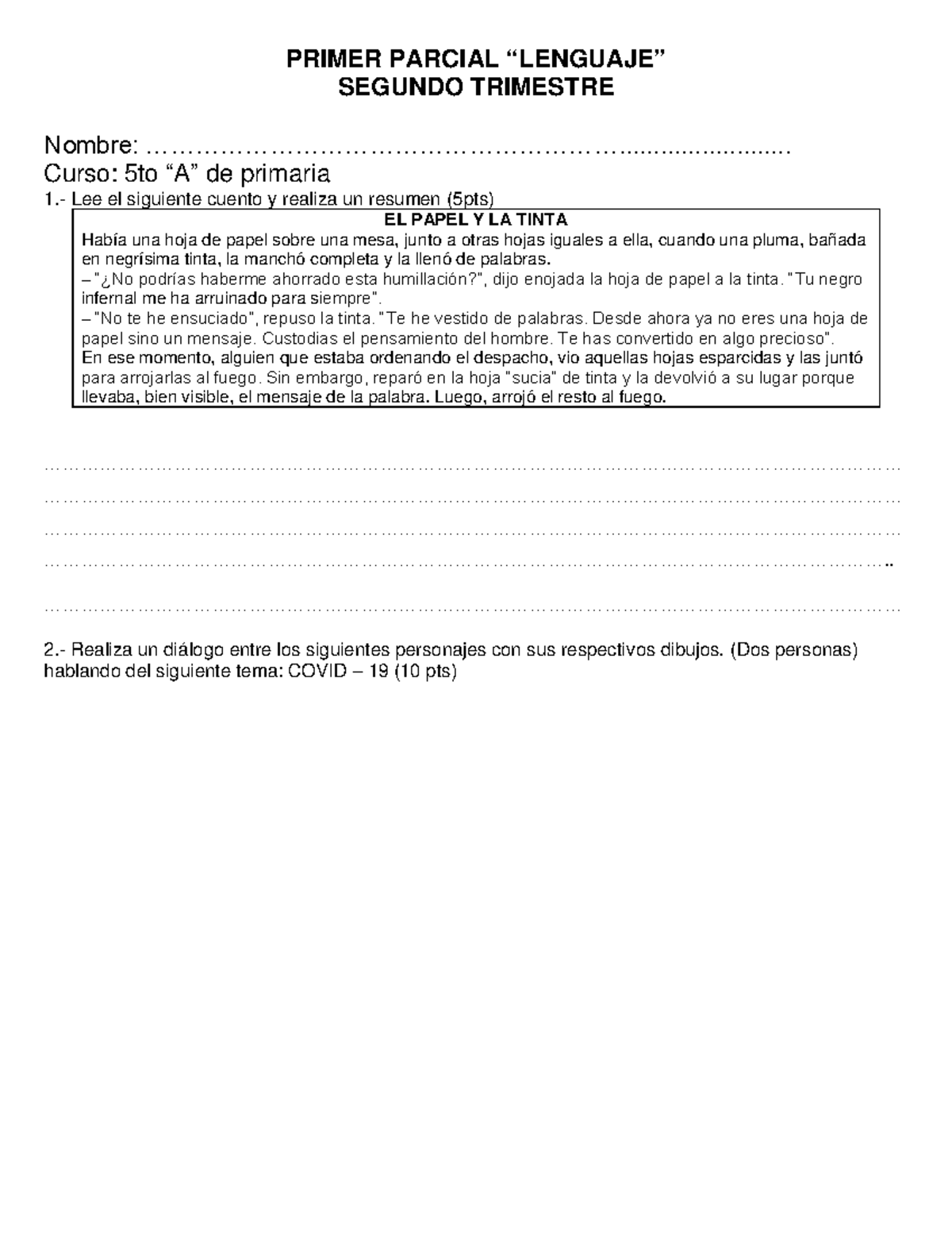 Primer Parcial Lenguaje nivel primario - PRIMER PARCIAL “LENGUAJE” SEGUNDO TRIMESTRE Nombre ...