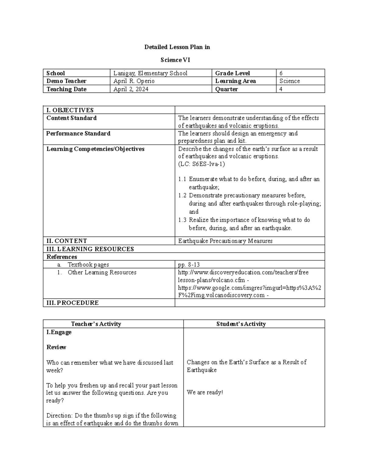 3 - Earthquake Precautionary Measures - Detailed Lesson Plan in Science ...