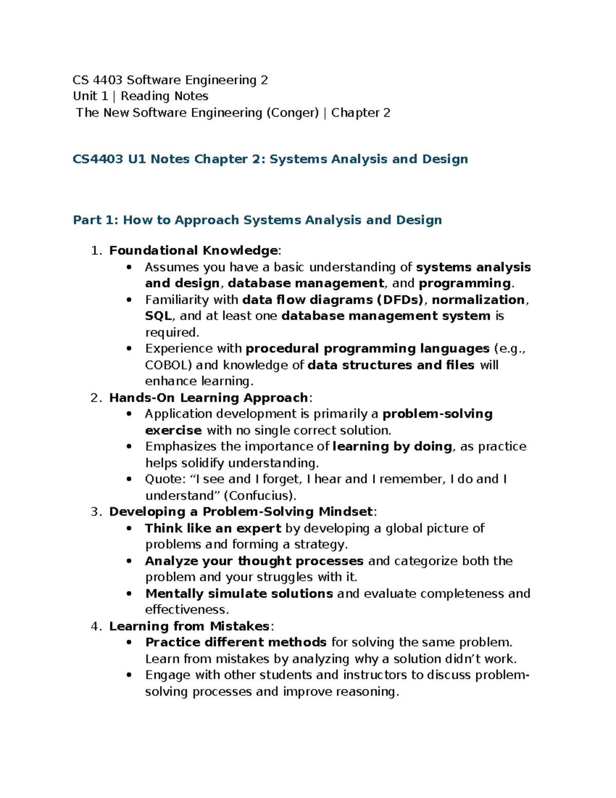 CS 4403 Unit 1 Chapter 2 Reading Notes - CS 4403 Software Engineering 2 ...