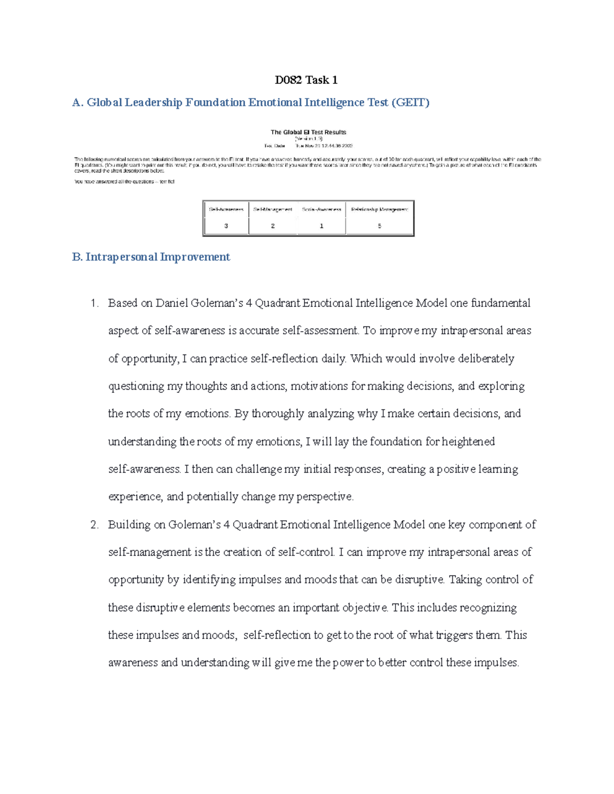 D082 Task 1 Passed - D082 Task 1 A. Global Leadership Foundation ...