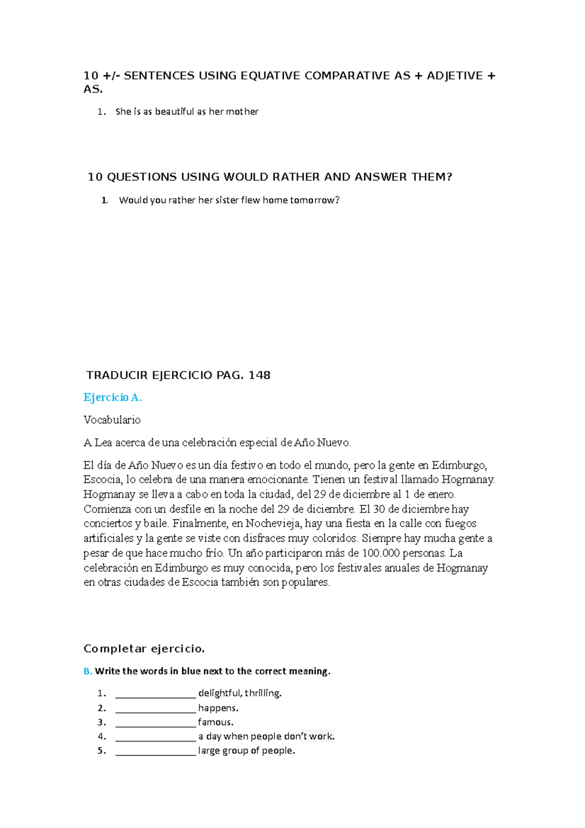 Clase de english - practica - 10 +/- SENTENCES USING EQUATIVE ...