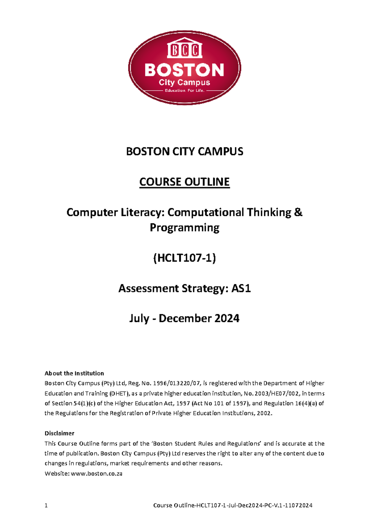 Course Outline HCLT107 1 Jul Dec2024 PC V - BOSTON CITY CAMPUS COURSE ...
