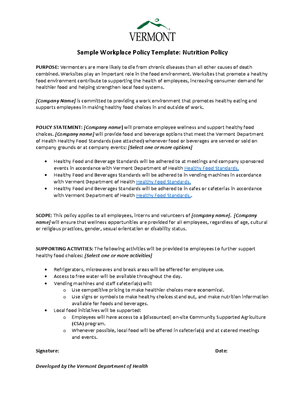 Sample Nutrition Worksite Policy - Developed by the Vermont Department ...