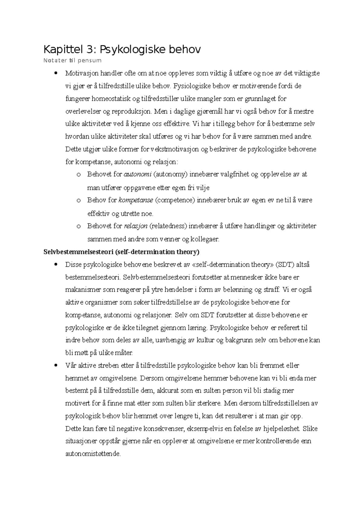 Kapittel 3 - Psykologiske behov - PSYK109 - UiB - Studocu