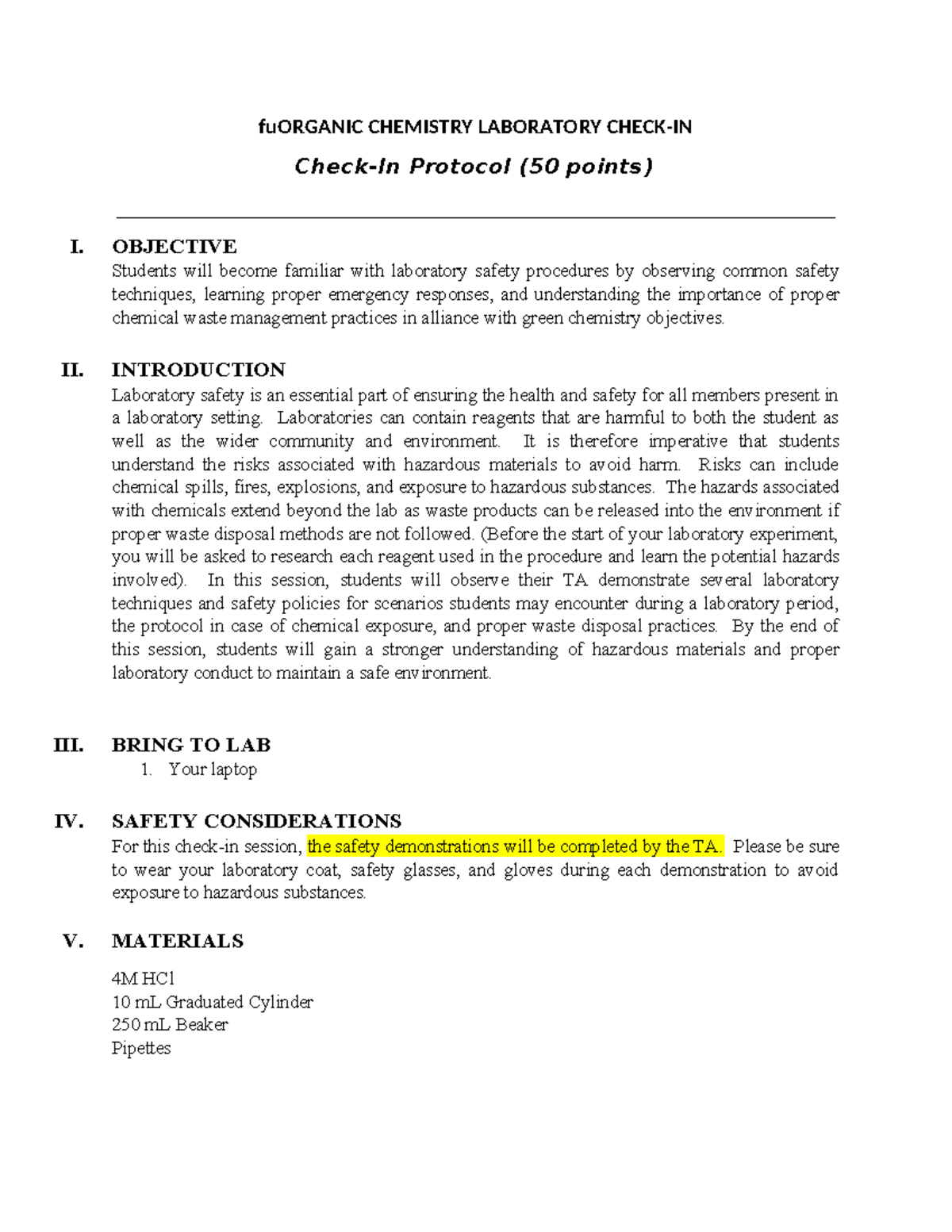 Lab Check-in Procedure (Lab #1) - fuORGANIC CHEMISTRY LABORATORY CHECK ...