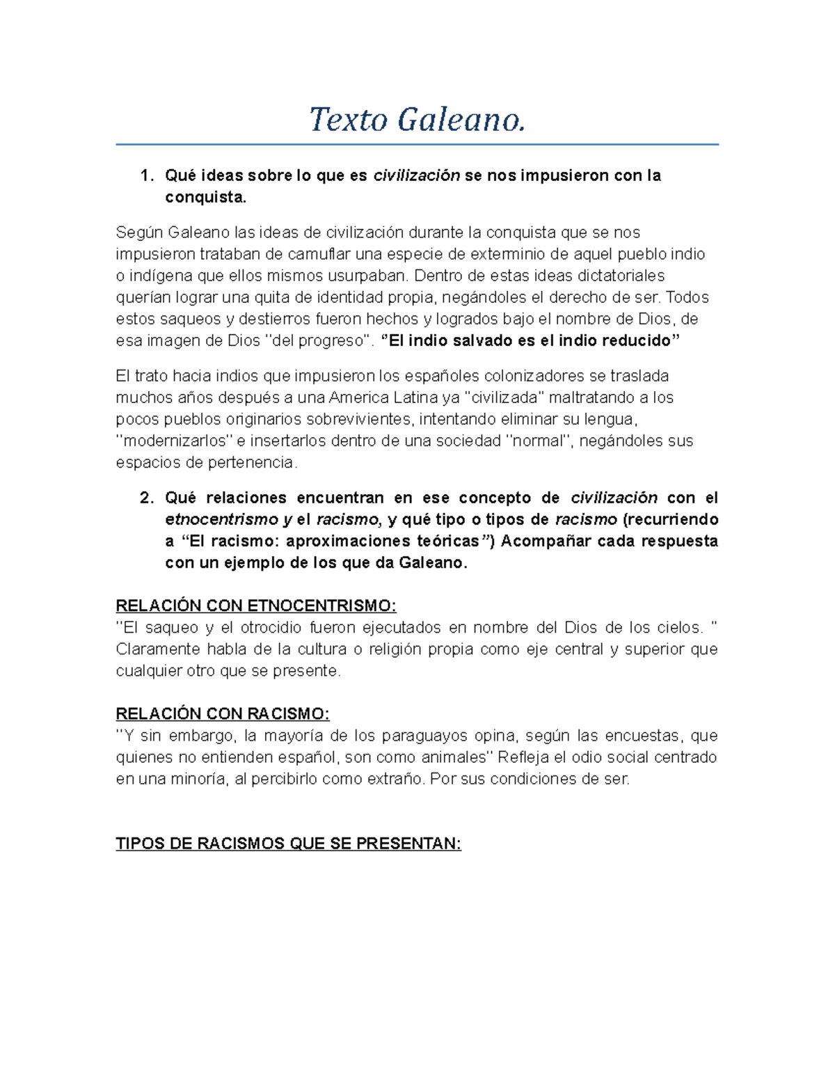 Texto Galeano - TRABAJO PRACTICO - Texto Galeano. 1. Qué ideas sobre lo ...