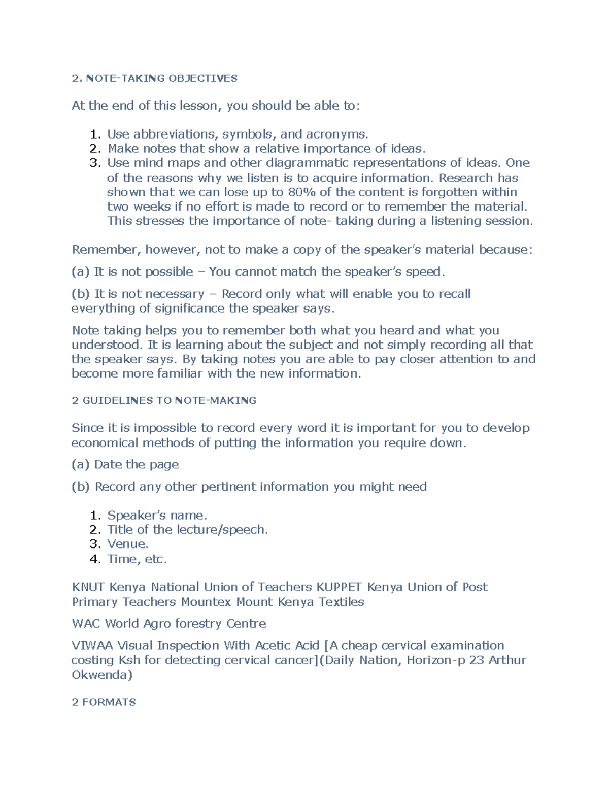 NOTE Taking - 2. NOTE-TAKING OBJECTIVES At the end of this lesson, you ...