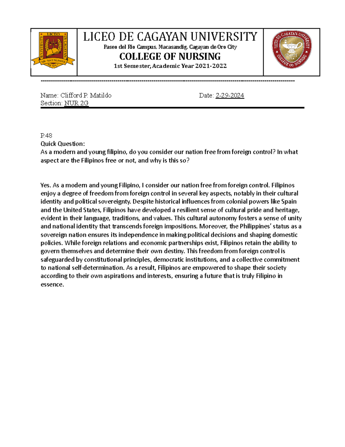 Assignment Template - LICEO DE CAGAYAN UNIVERSITY Paseo del Rio Campus ...