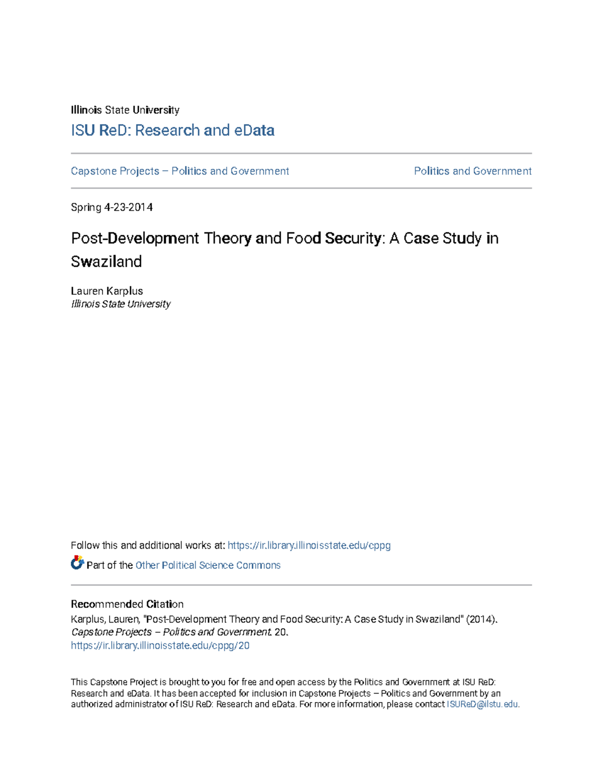 Post-Development Theory and Food Security A Case Study in Swazil ...