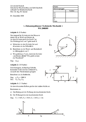 Statik Übung Rahmen Gelenk Biegung - Technische Mechanik Statik - Uni Rostock - Studocu