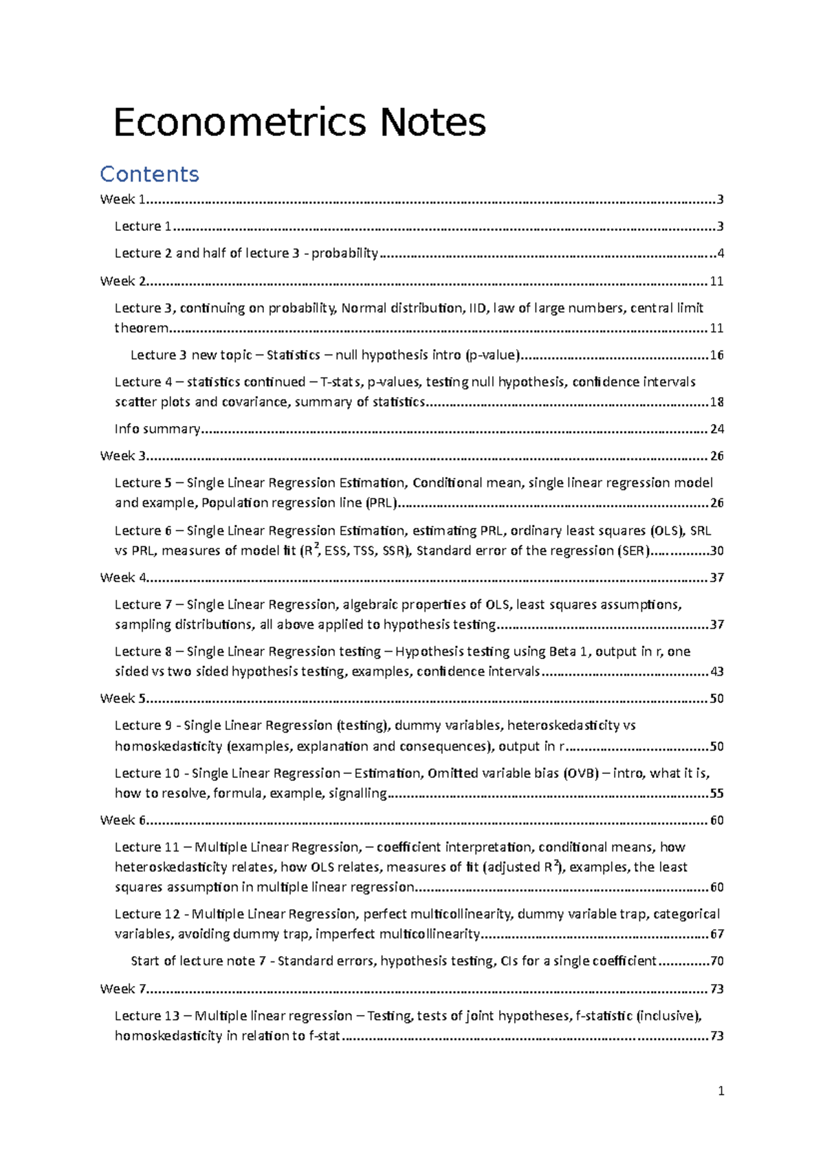 ECOM notes - Econometrics Notes Contents Week - Studocu