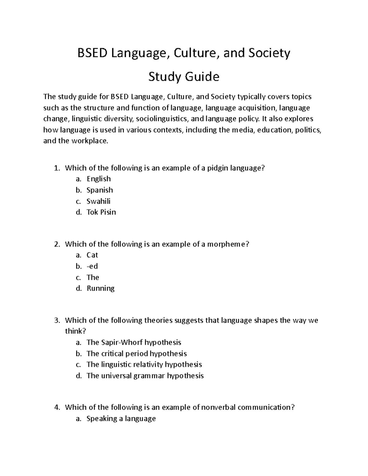 BSED Language Study Guide - BSED Language, Culture, and Society Study ...