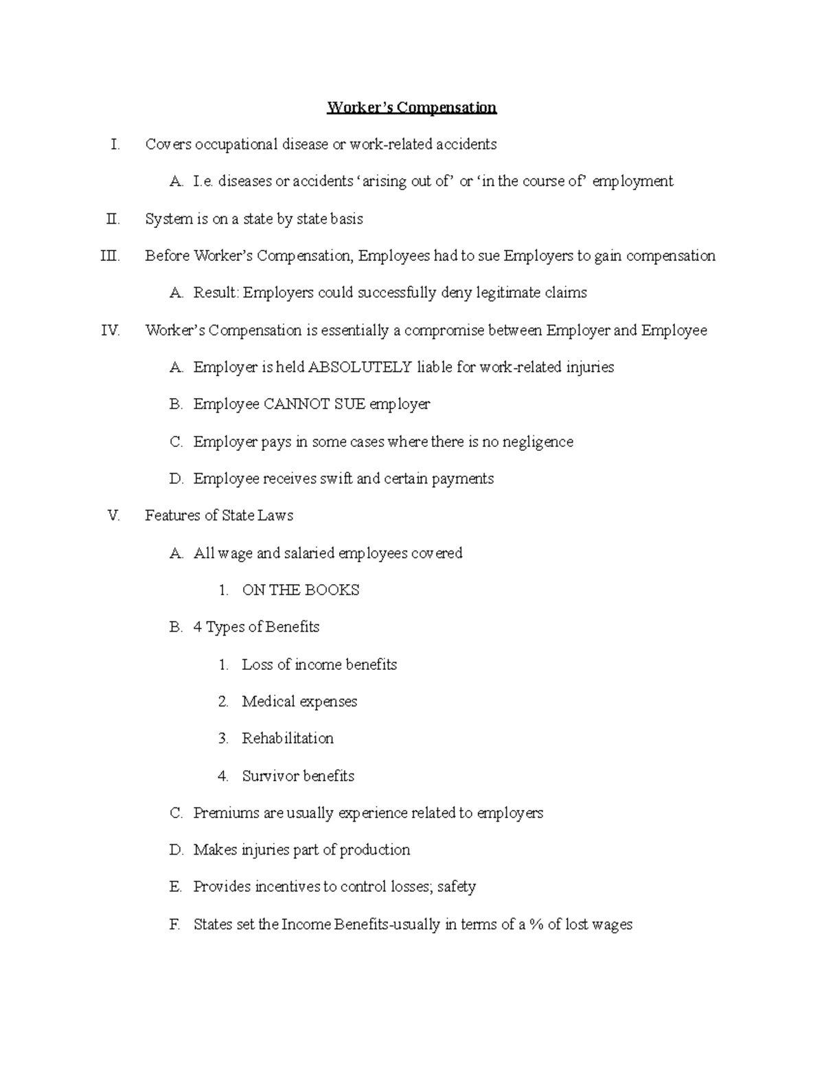 Worker's Compensation - Worker’s Compensation I. Covers occupational ...