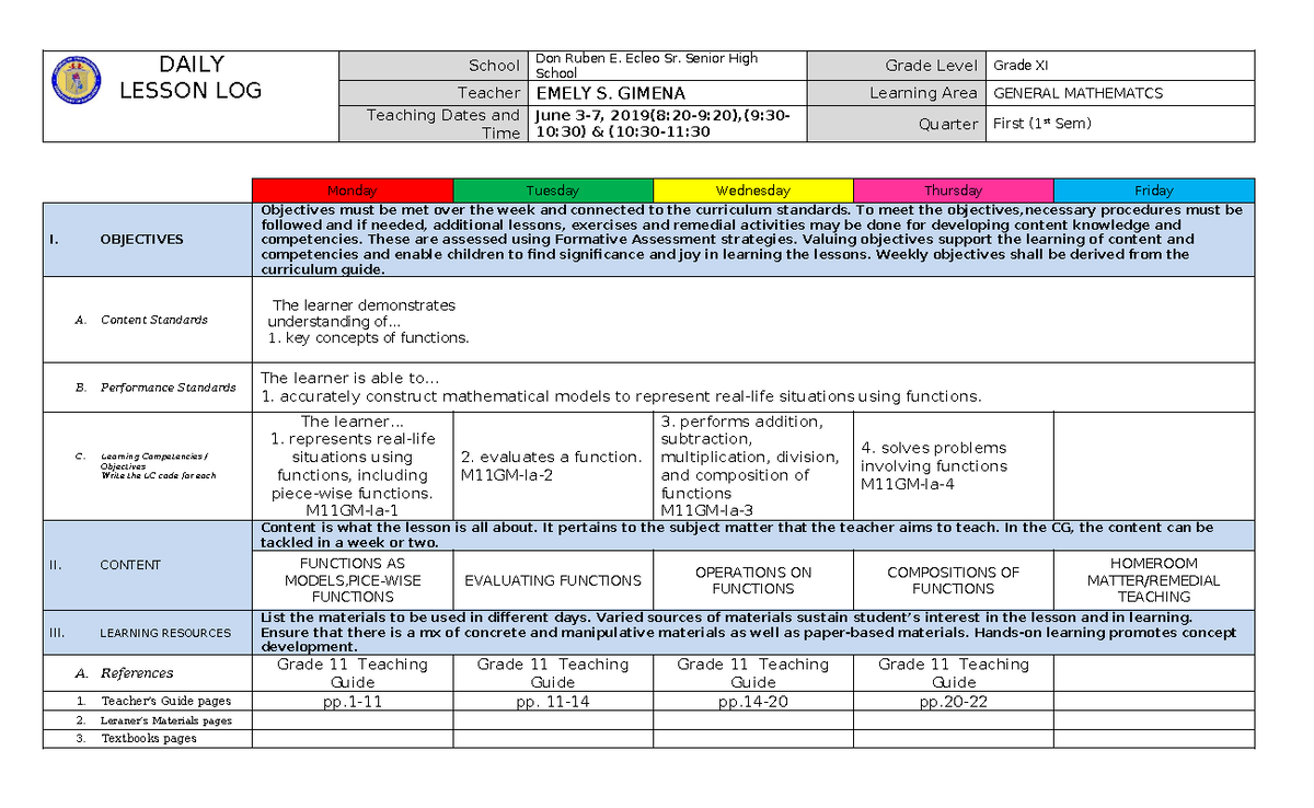 DLL WEEK 1 - Daily Lesson Log - DAILY LESSON LOG School Don Ruben E ...