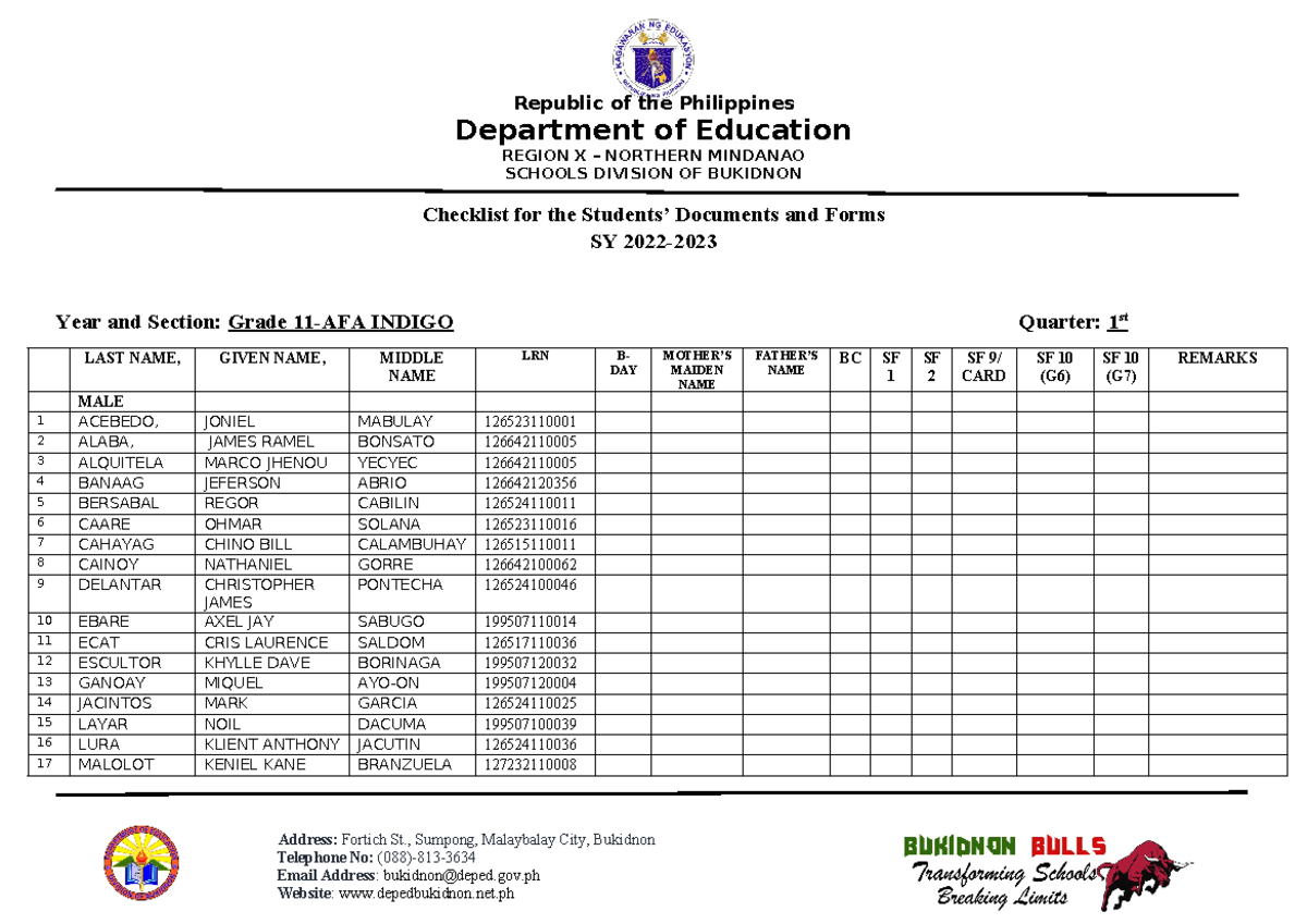 Checklist for the Students - Republic of the Philippines Department of ...