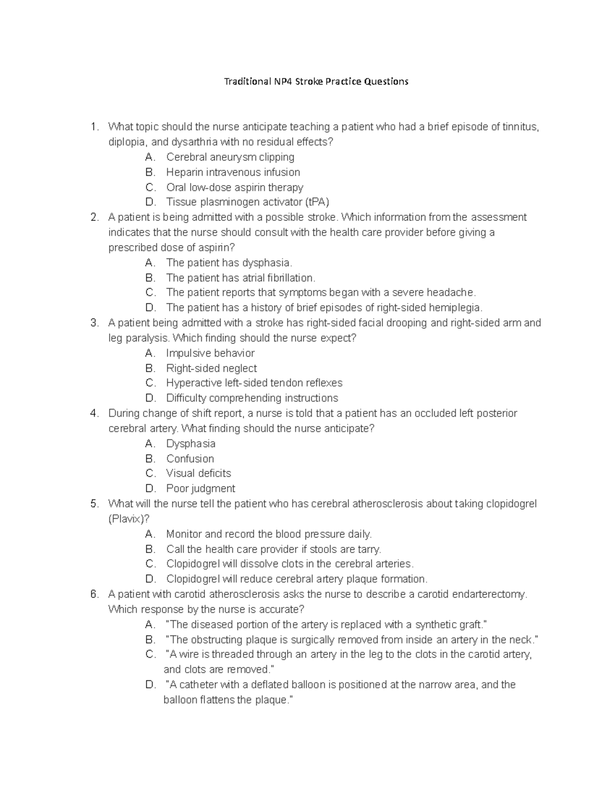 Stroke practice questions - Traditional NP4 Stroke Practice Questions ...