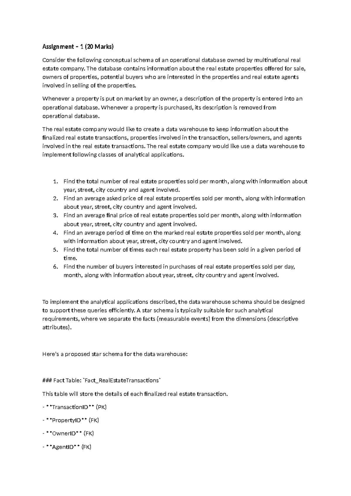 Assignment - 1 - Data Warehouse - Assignment – 1 (20 Marks) Consider the following conceptual ...