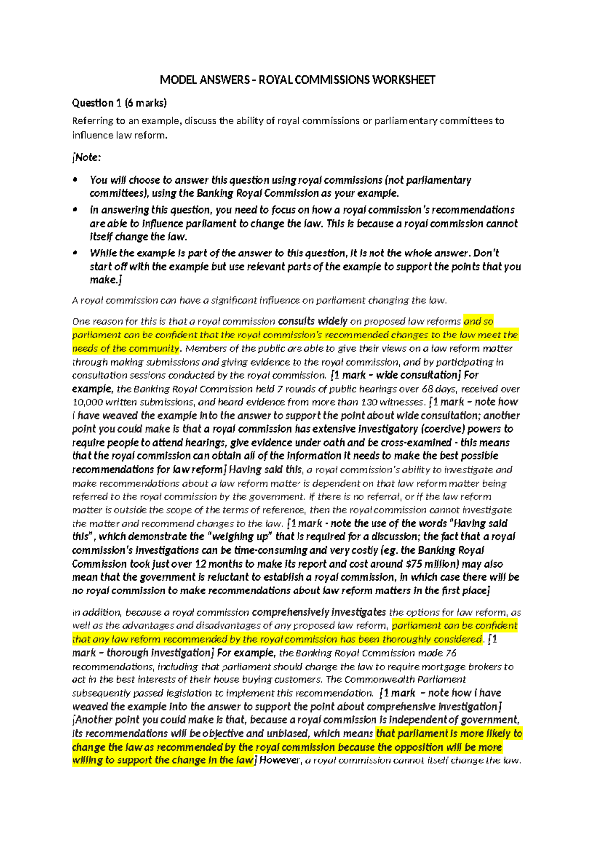 Model Answers TO Royal Commissions - Worksheet - MODEL ANSWERS - ROYAL ...