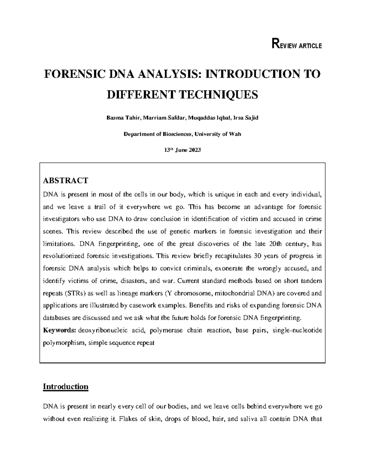 Forensic DNA Analysis Introduction to different techniques - FORENSIC ...
