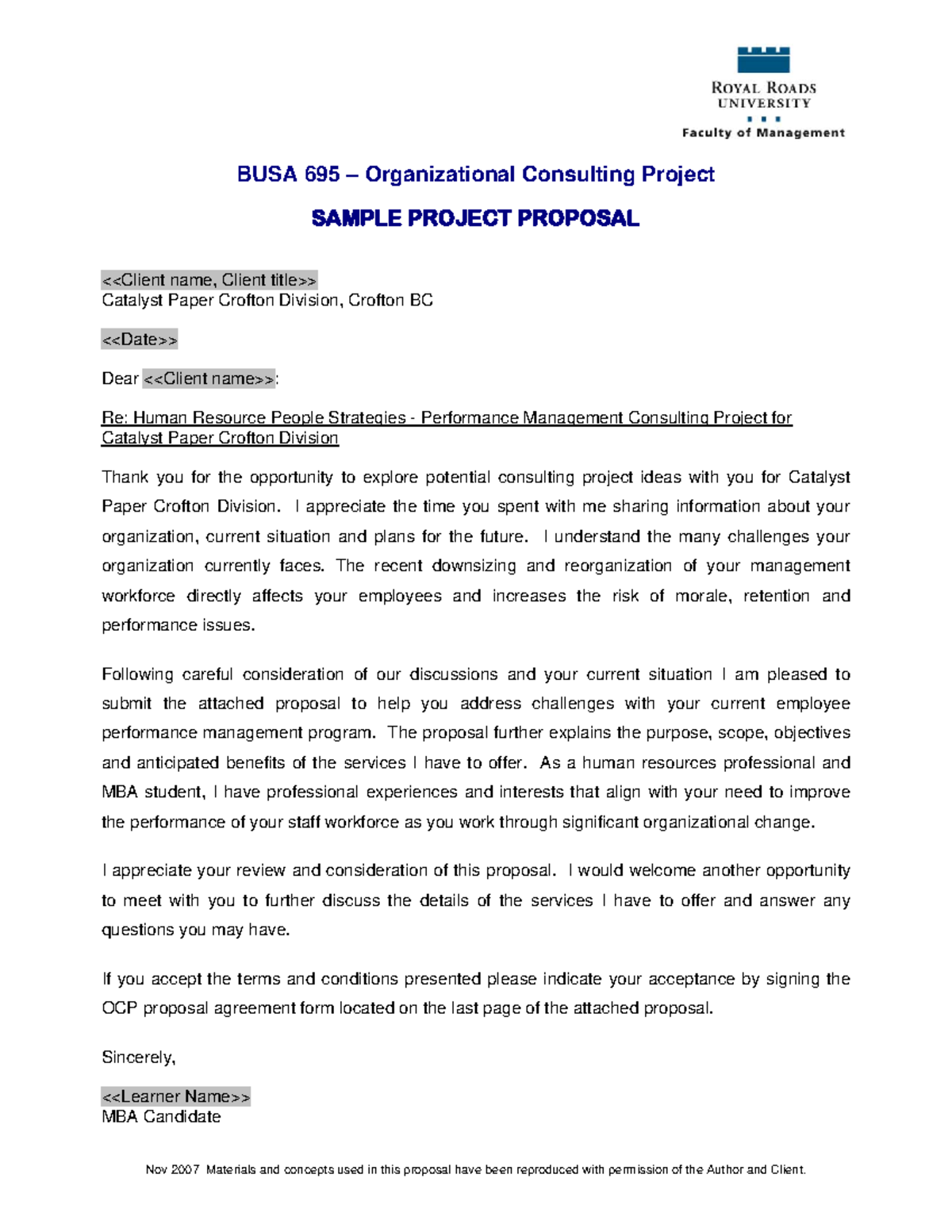 Sample Proposal example - BUSA 695 – Organizational Consulting Project ...