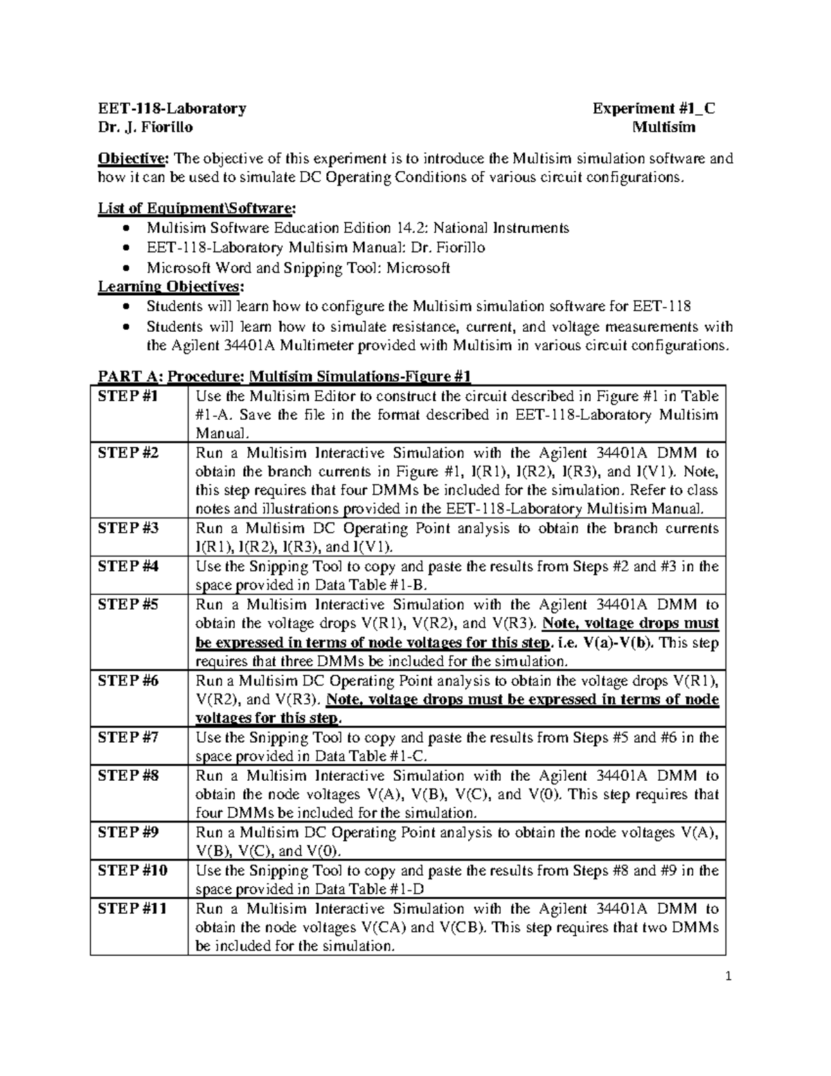 EET118 Lab Exp #1 Procedure - 1 EET-118-Laboratory Experiment #1_C Dr. J. Fiorillo Multisim ...