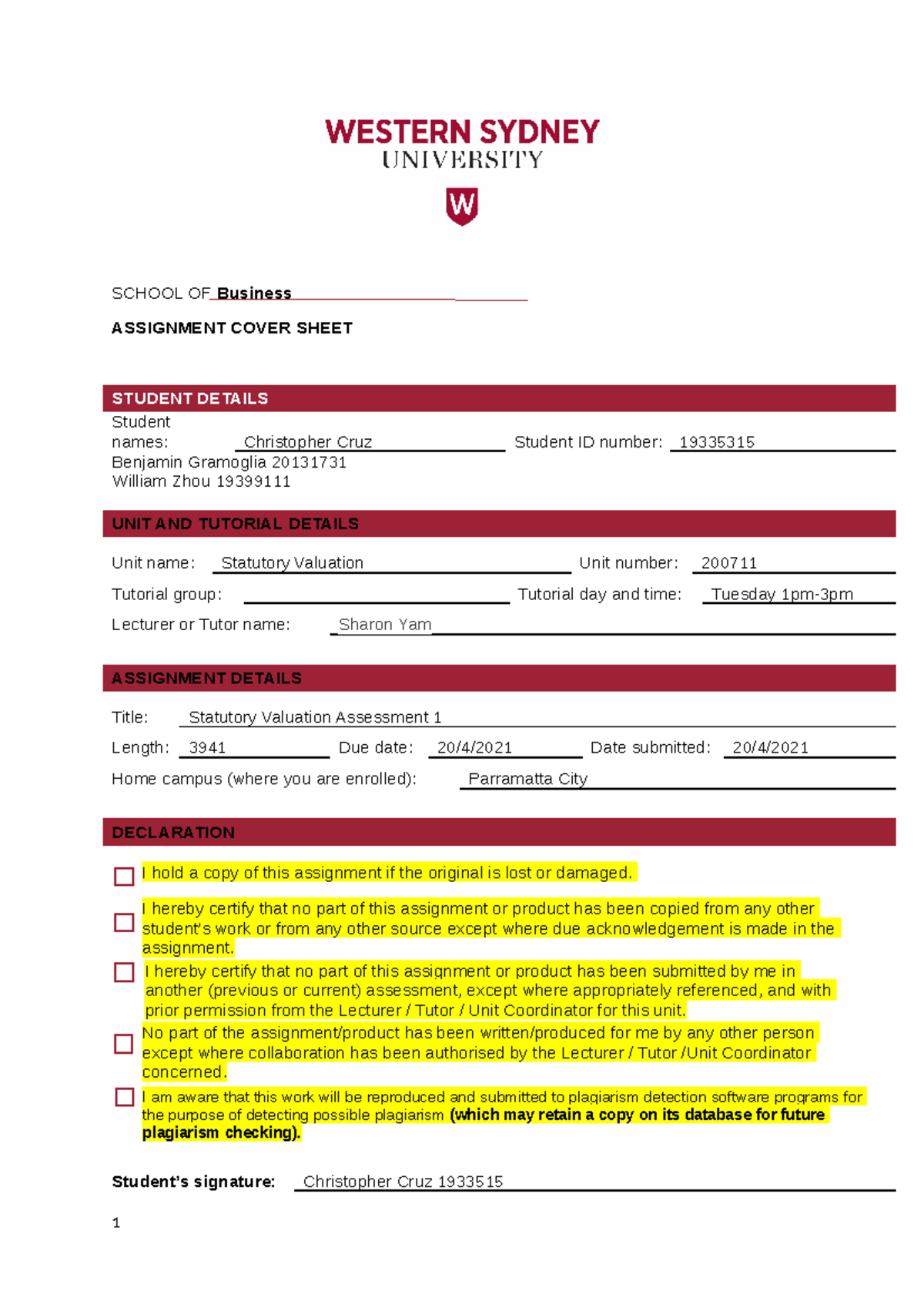 Statutory Valuation Assessment 1 19335315 Christopher Cruz 2013 1731 ...