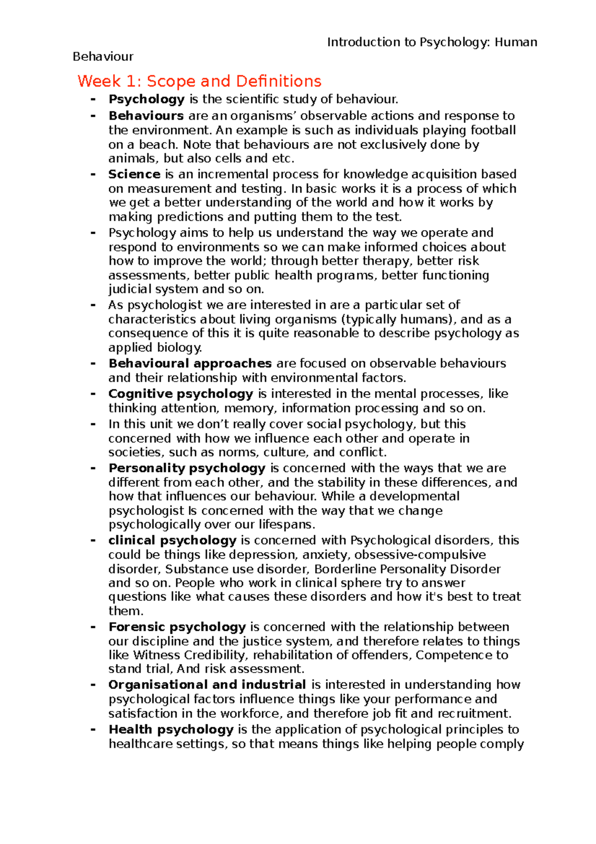 Introduction to Psychology - Human behaviour Notes - Behaviour Week 1 ...