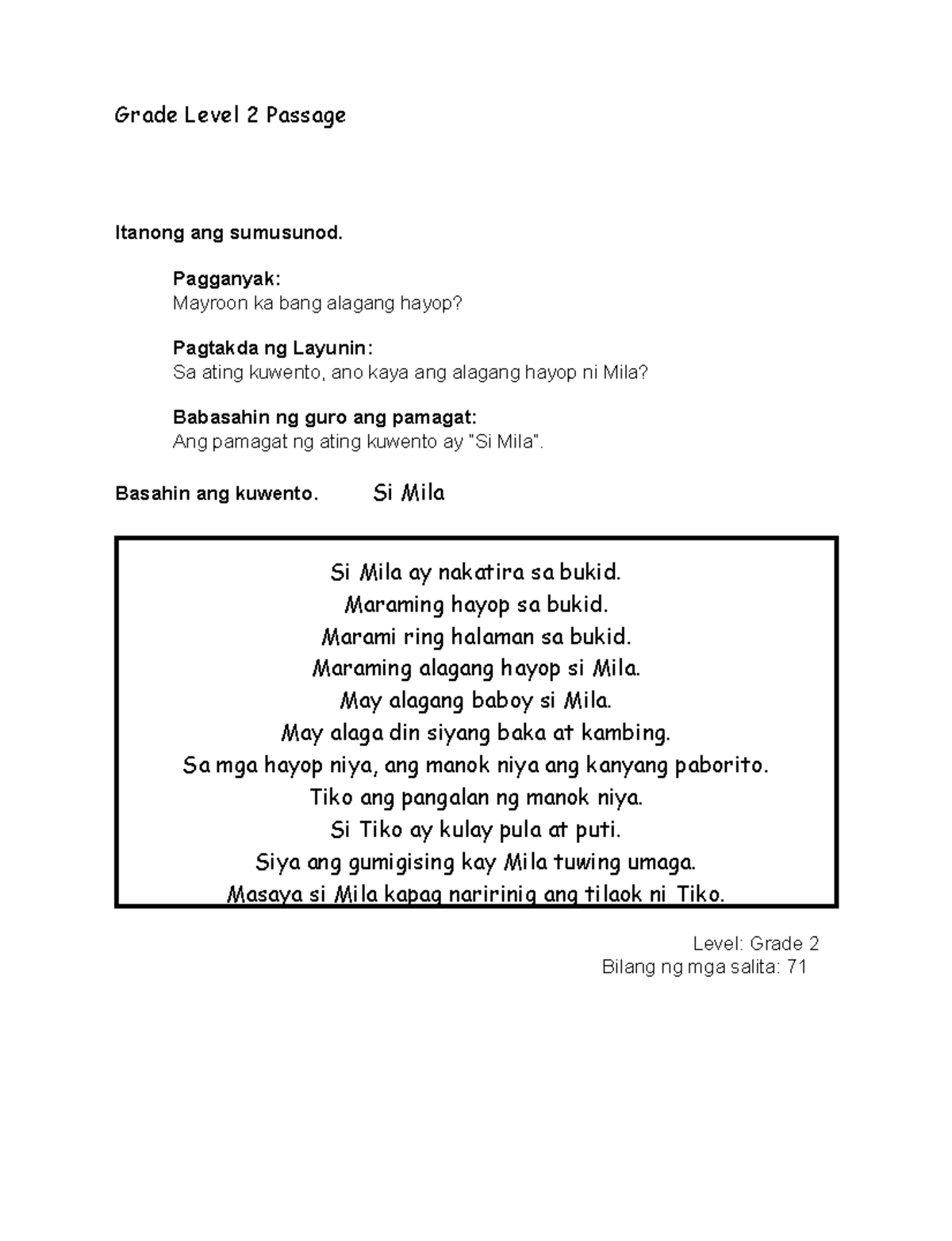 Grade Level 2 Passage Oral Reading Test - Grade Level 2 Passage Itanong ...