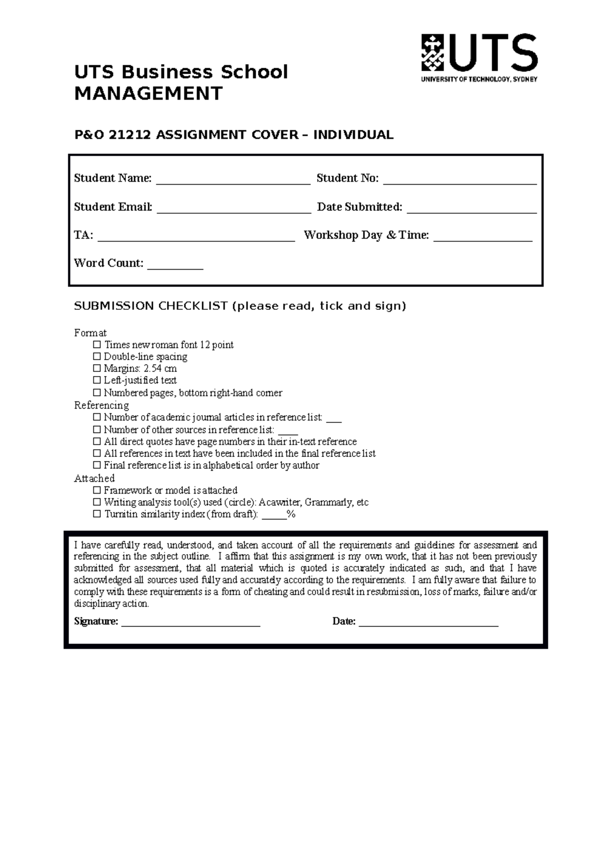 Individual Cover Sheet - UTS Business School MANAGEMENT P&O 21212 ...