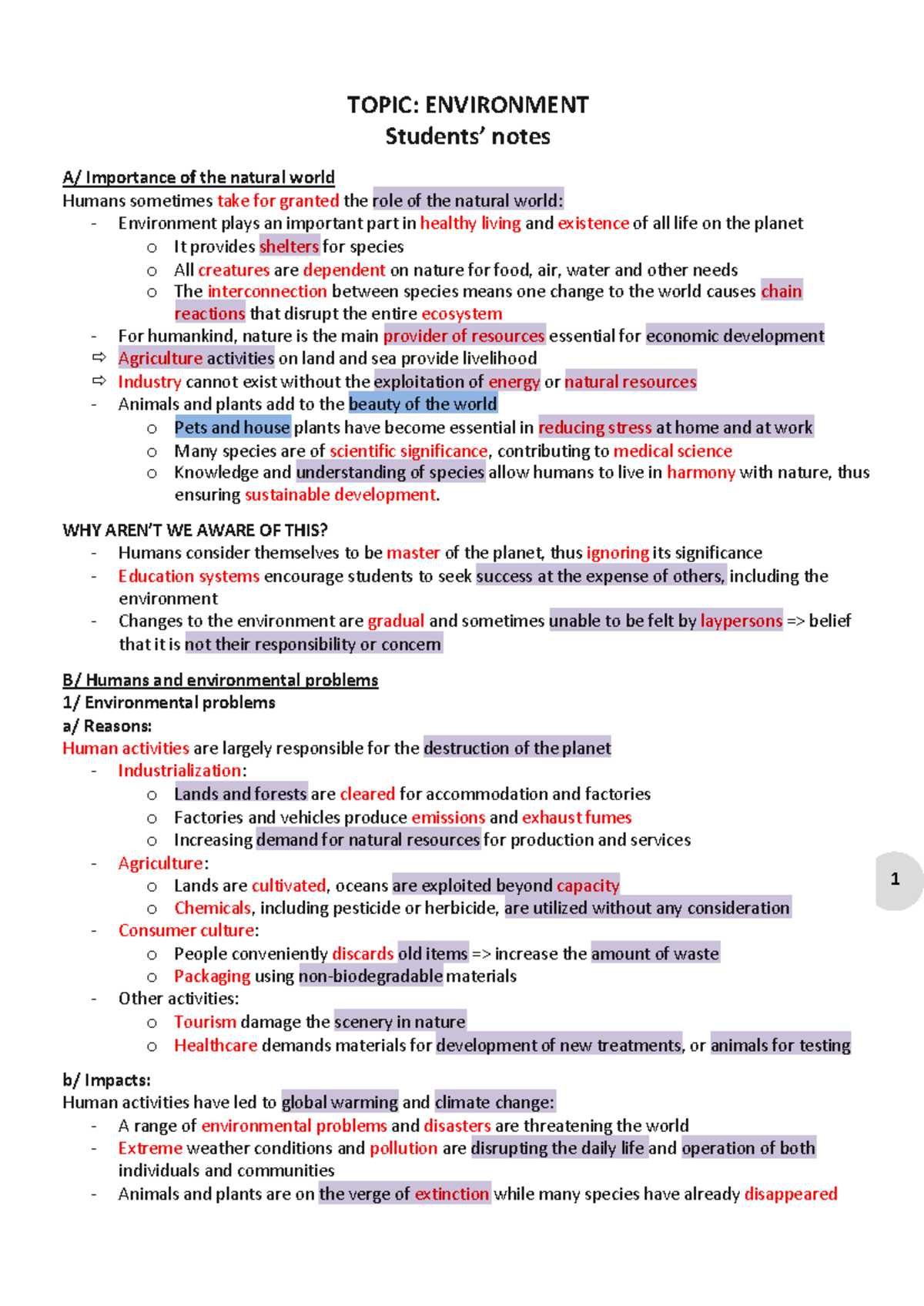 5-Environment - go for it - TOPIC: ENVIRONMENT Students’ notes A ...