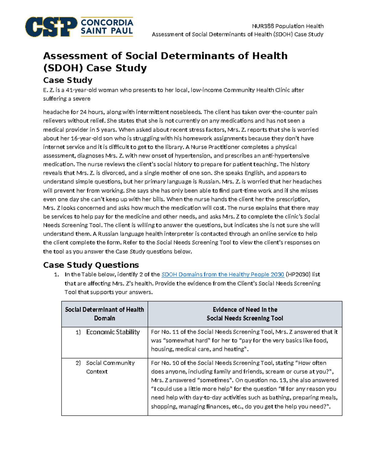 Assessment of Social Determinants of Health (SDOH) Case Study - NUR388 ...